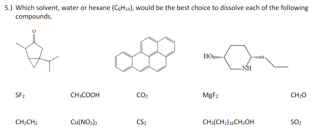 Solved 5.) ﻿Which solvent, water or hexane (C6H14), ﻿would | Chegg.com