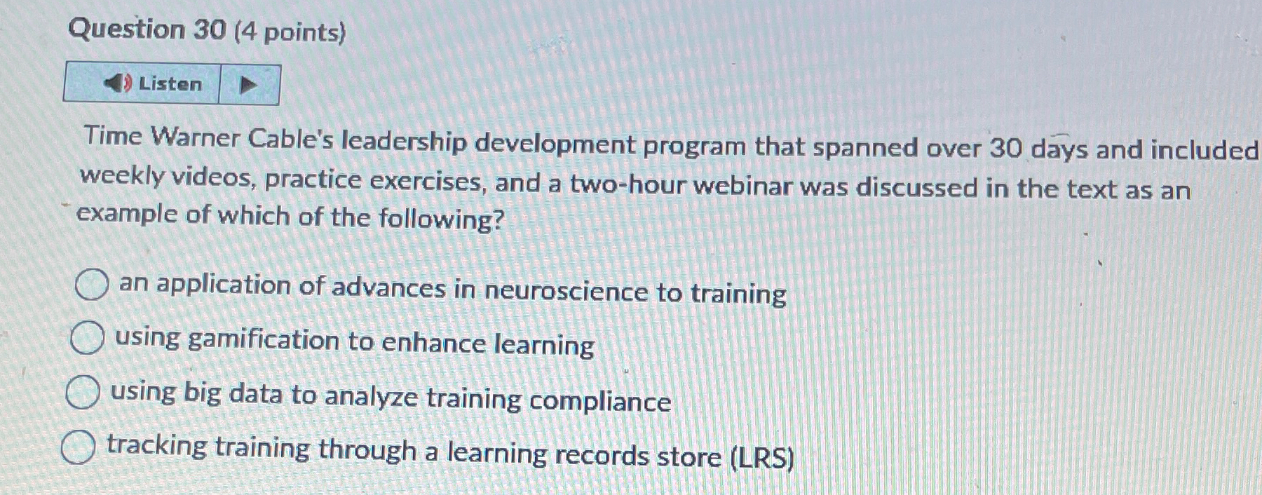Solved Question 30 (4 ﻿points)ListenTime Warner Cable's | Chegg.com