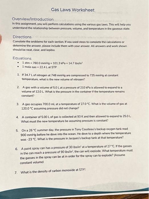Solved Gas Laws Worksheet Overview/Introduction In this | Chegg.com