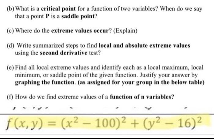 Solved (b) What is a critical point for a function of two | Chegg.com
