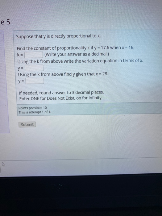 Solved e 5 Suppose that y is directly proportional to x. k= | Chegg.com