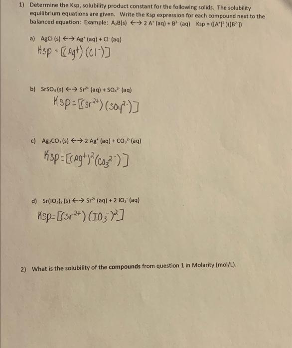 Solved 1) Determine the Ksp, solubility product constant for | Chegg.com