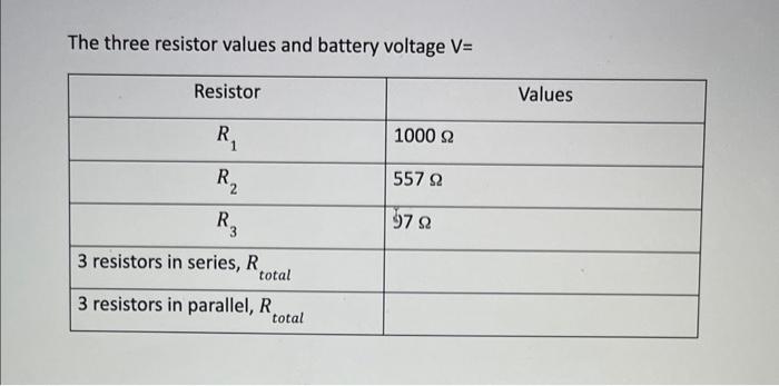 Solved The three resistor values and battery voltage V= | Chegg.com