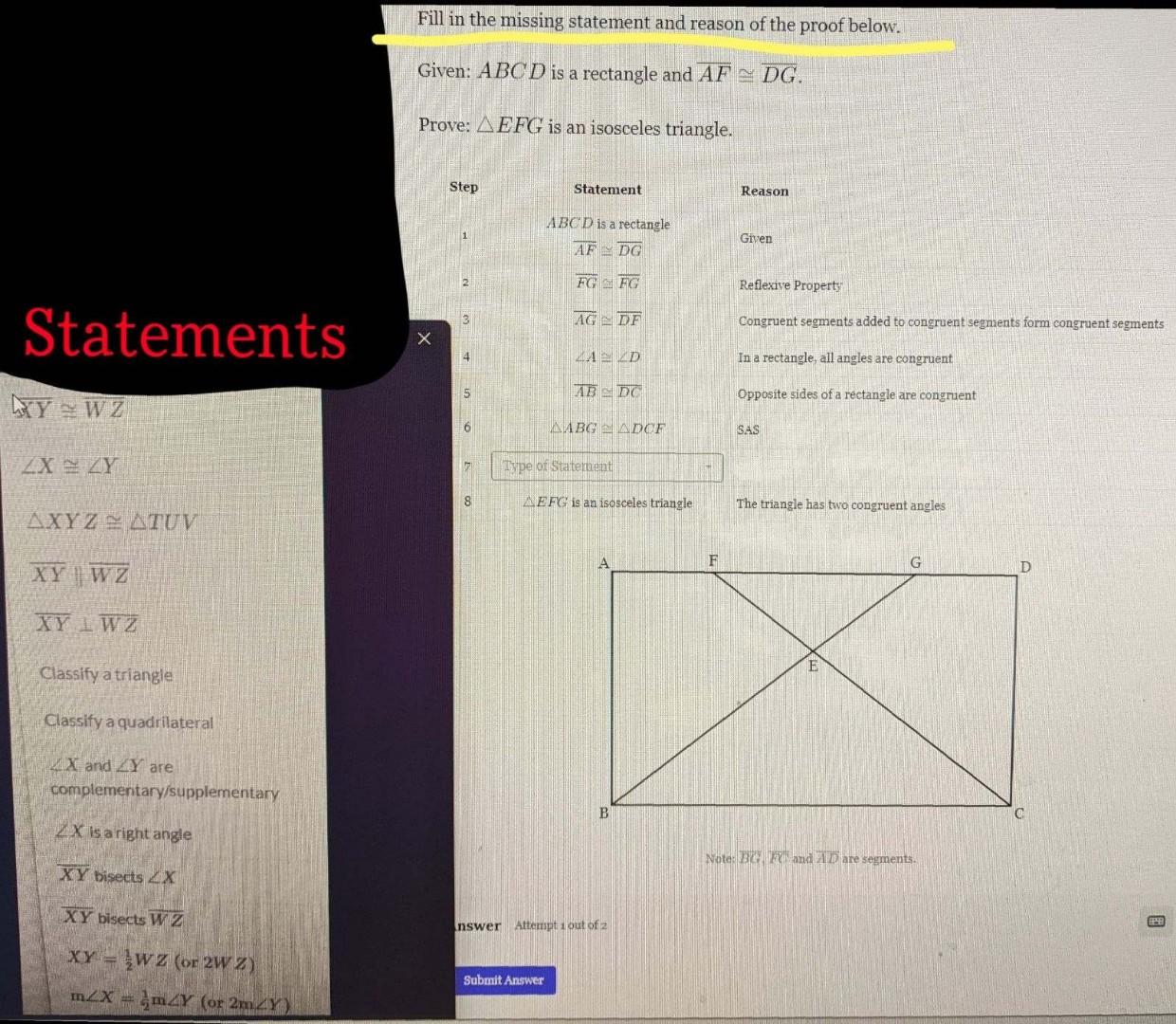Solved Fill in the missing statement and reason of the proof | Chegg.com