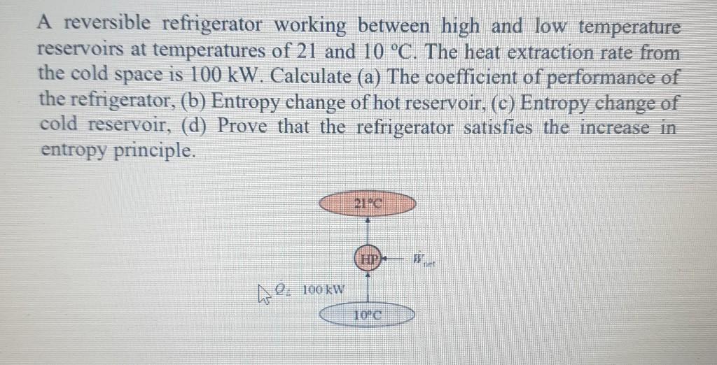 Solved A reversible refrigerator working between high and | Chegg.com