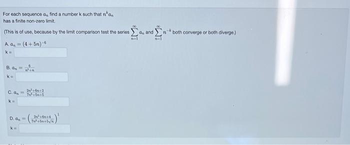 Solved For each sequence an find a number k such that nkan | Chegg.com