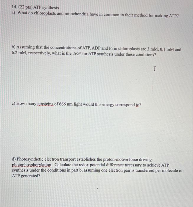 Solved 14. (22 pts) ATP synthesis a) What do chloroplasts | Chegg.com