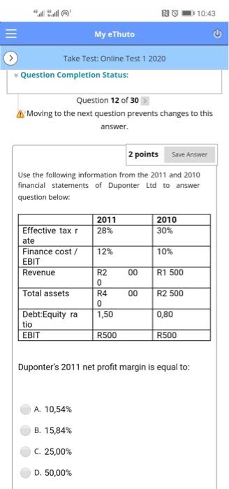 Solved 10:43 My eThuto Take Test: Online Test 1 2020 | Chegg.com