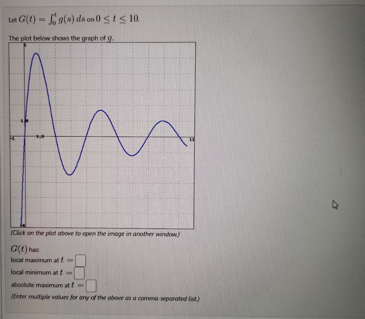 Solved Let G(t)=∫0tg(s)ds ﻿on 0≤t≤10.(UIck on the plot above | Chegg.com