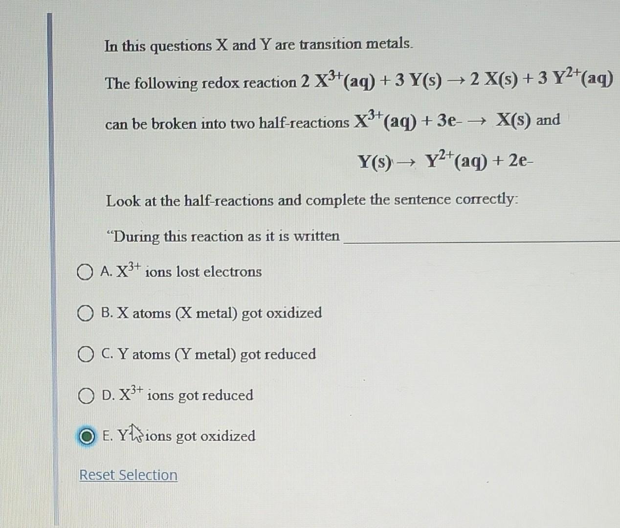 Solved In this questions X and Y are transition metals. The | Chegg.com