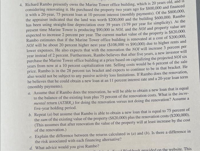Solved 4. Richard Rambo presently owns the Marine Tower | Chegg.com