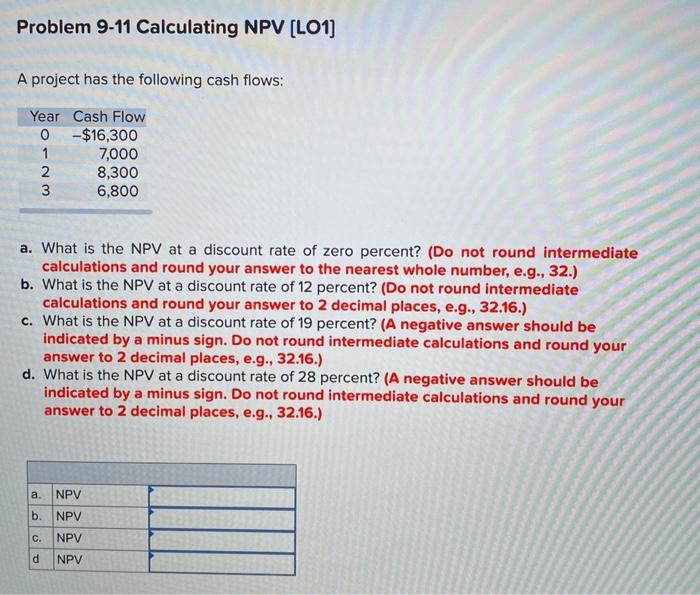 Solved Problem 9-11 Calculating NPV (LO1) A project has the | Chegg.com