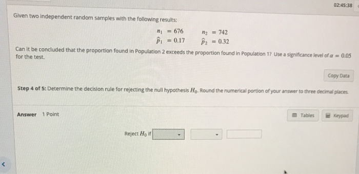 Solved Question 8 of 17 Step 1 of 3 Given two independent | Chegg.com