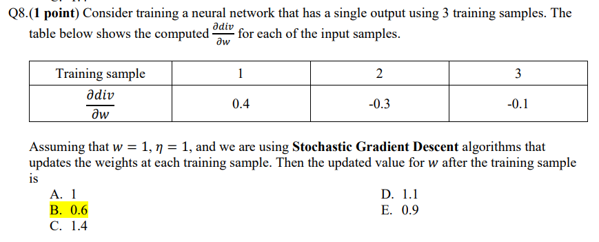 Solved Q8.(1 ﻿point) ﻿Consider training a neural network | Chegg.com