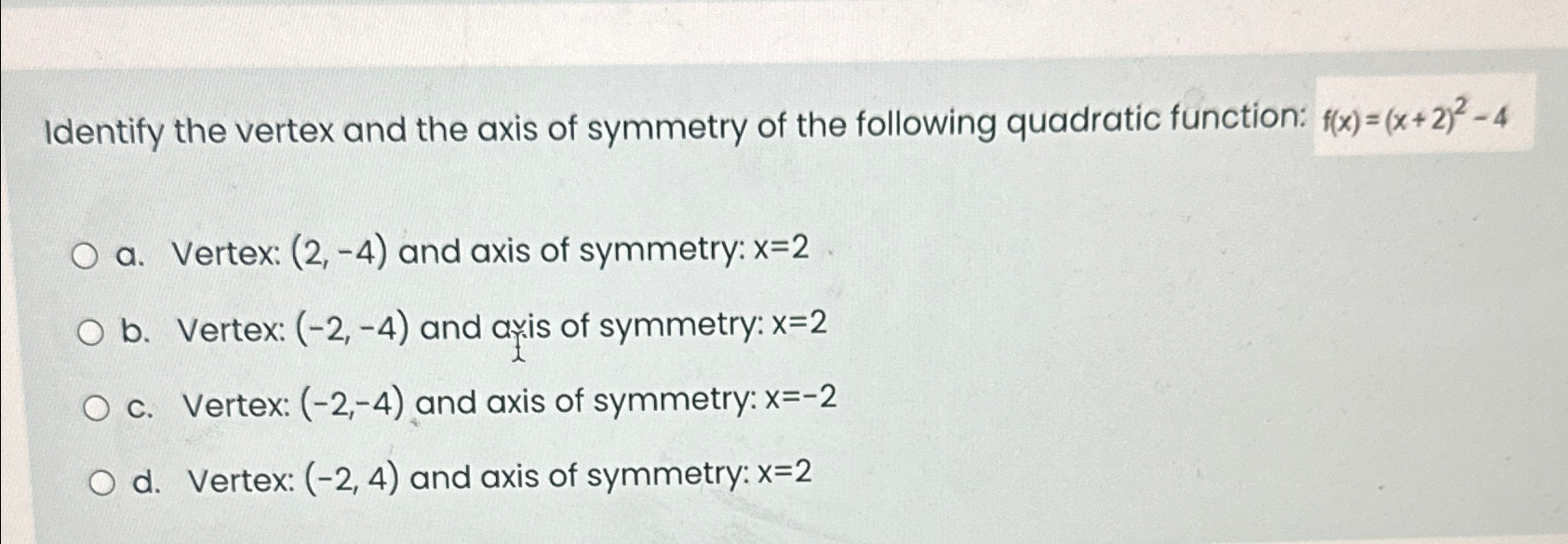 Solved Identify the vertex and the axis of symmetry of the | Chegg.com