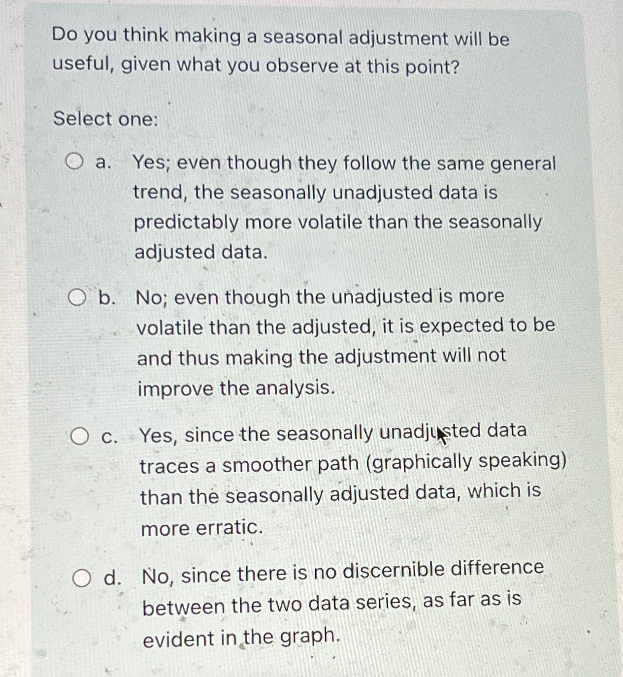 Solved Do you think making a seasonal adjustment will be | Chegg.com