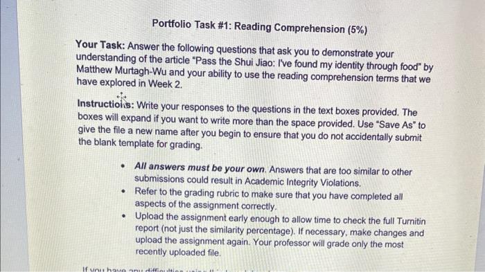 Portfolio Task #1: Reading Comprehension (5\%) Your | Chegg.com
