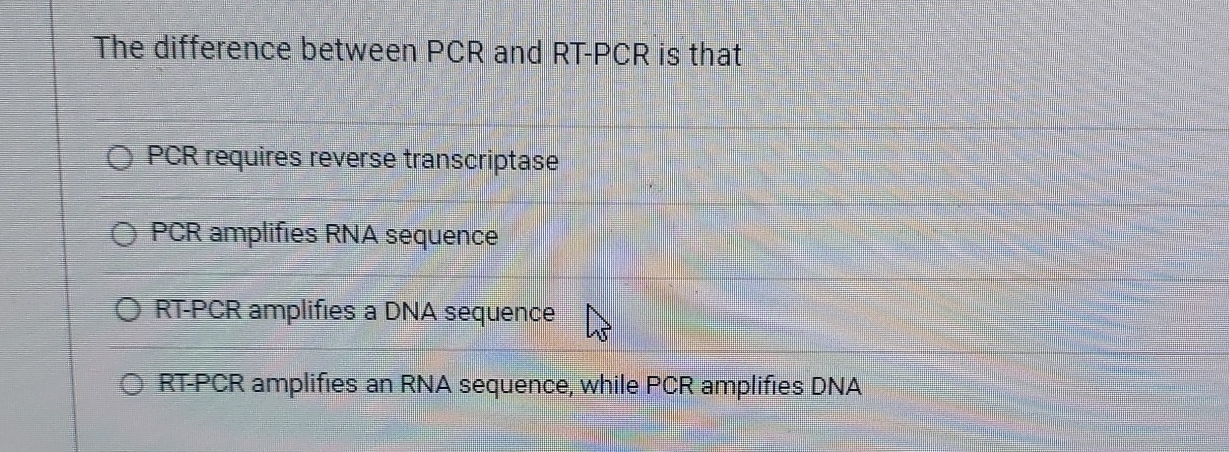 Solved The difference between PCR and RT-PCR is thatPCR | Chegg.com