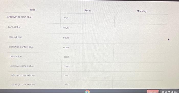 Solved Term Form Meaning antonym context clue noun | Chegg.com