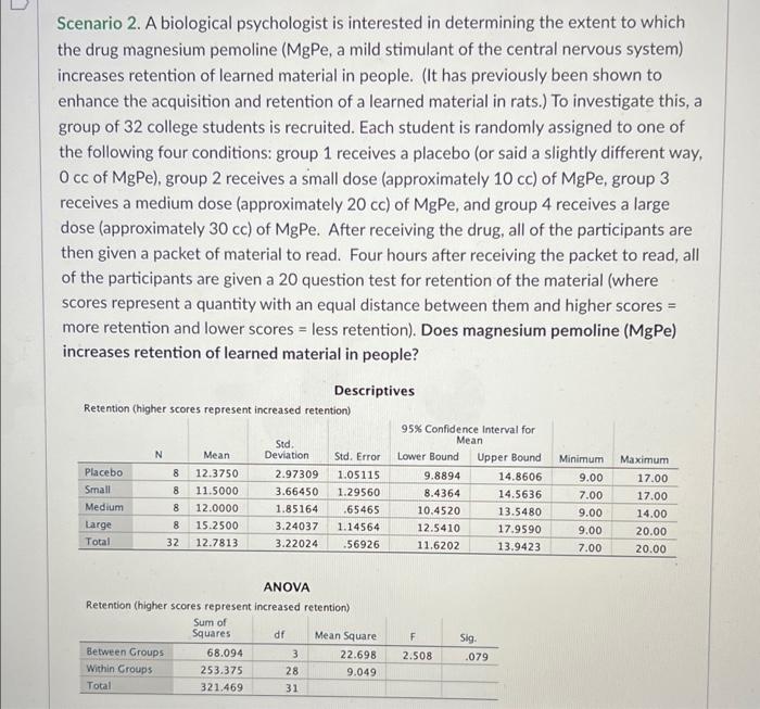 Solved Scenario 2. A biological psychologist is interested | Chegg.com