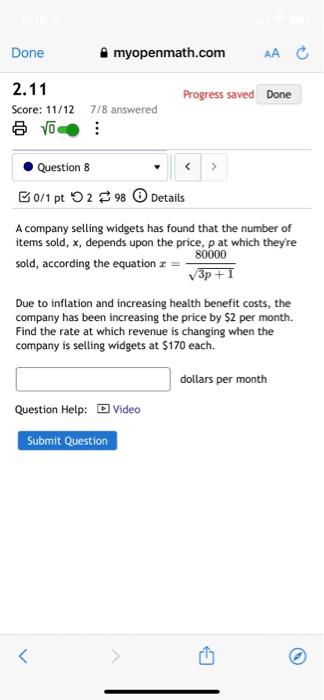 Solved Done myopenmath.com AA C Progress saved Done 2.11 | Chegg.com