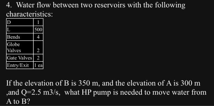 Solved 4. Water flow between two reservoirs with the | Chegg.com