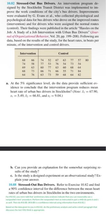 Solved 10.82 Stressed-Out Bus Drivers. An intervention | Chegg.com