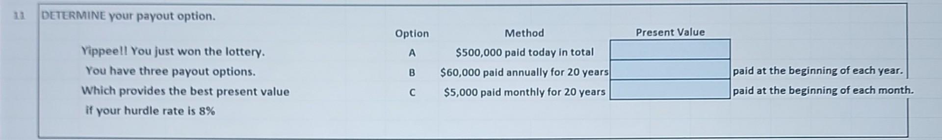 Solved 11. DETERMINE your payout option. Option Method | Chegg.com