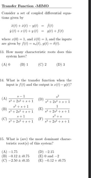 Solved Transfer Function -MIMO Consider a set of coupled | Chegg.com
