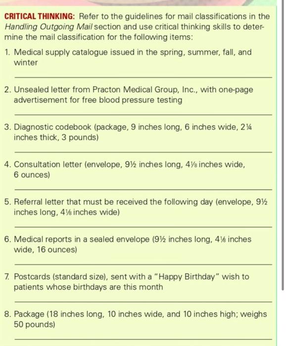 Solved CRITICAL THINKING: Refer to the guidelines for mail | Chegg.com