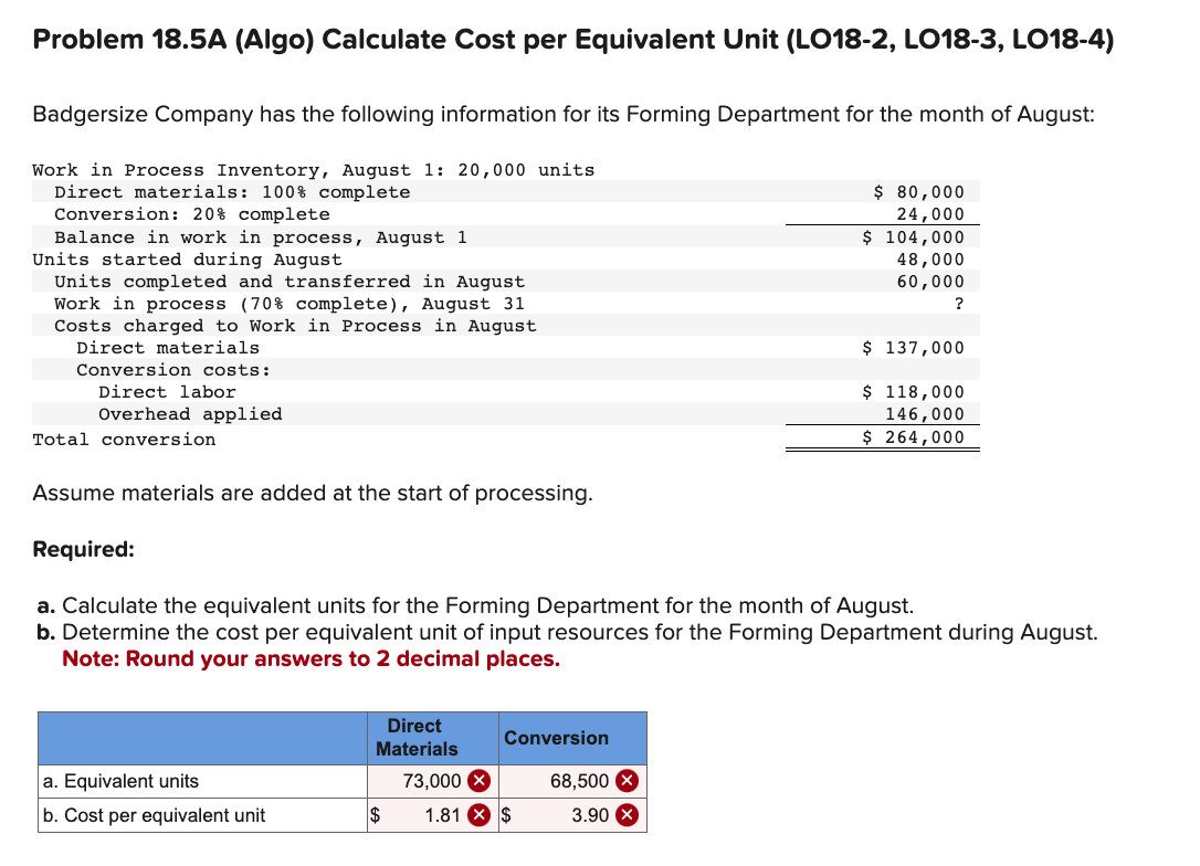 Solved Problem 18.5A (Algo) ﻿Calculate Cost per Equivalent | Chegg.com