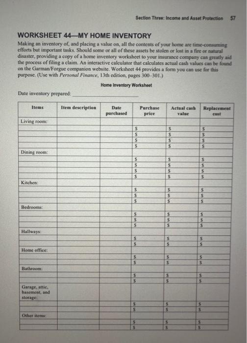 Solved WORKSHEET 44-MY HOME INVENTORY Making an inventory | Chegg.com