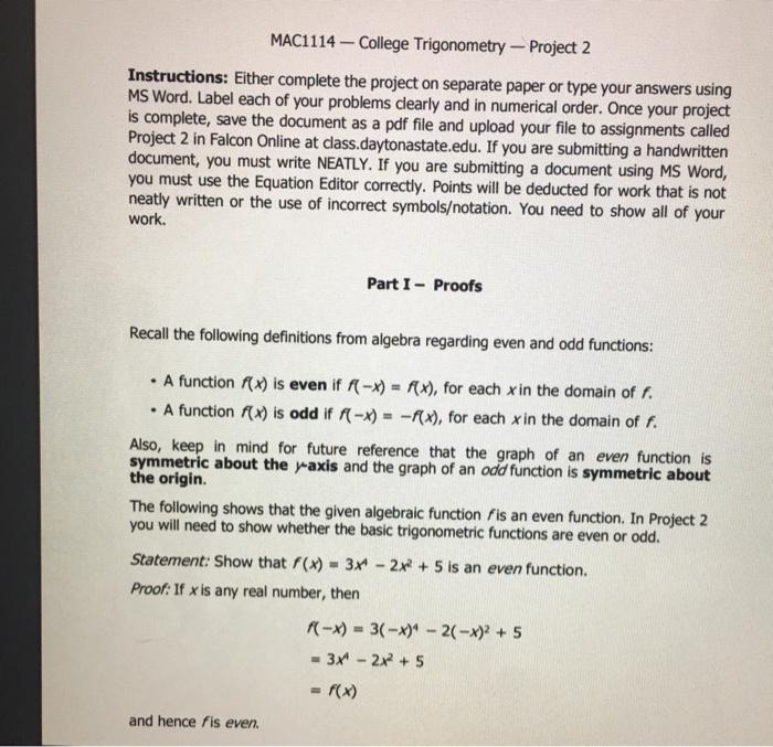 Solved MAC1114 - College Trigonometry - Project 2 | Chegg.com