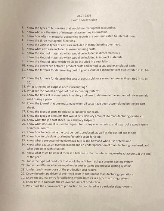 Solved ACCT 2302 Exam 1 Study Guide 1. Know the types of | Chegg.com