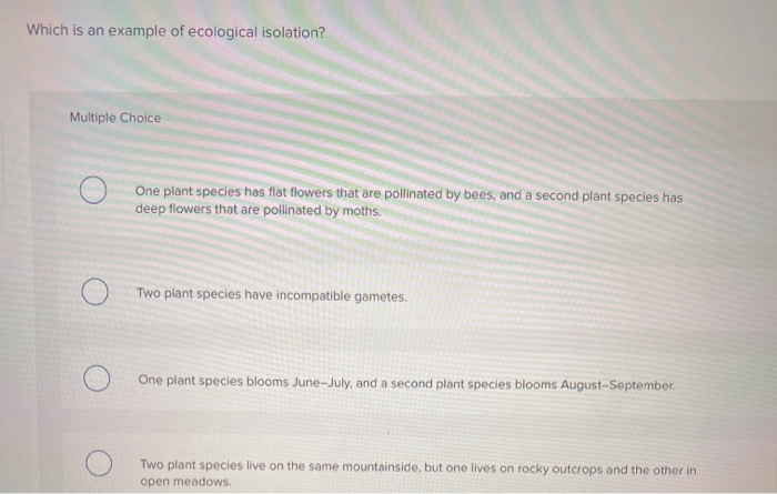 Solved Which is an example of ecological isolation? Multiple | Chegg.com