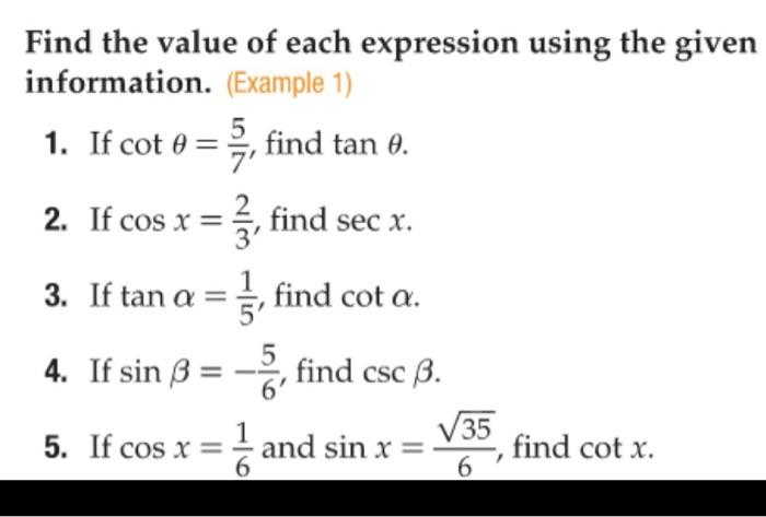 Solved Find the value of each expression using the given | Chegg.com