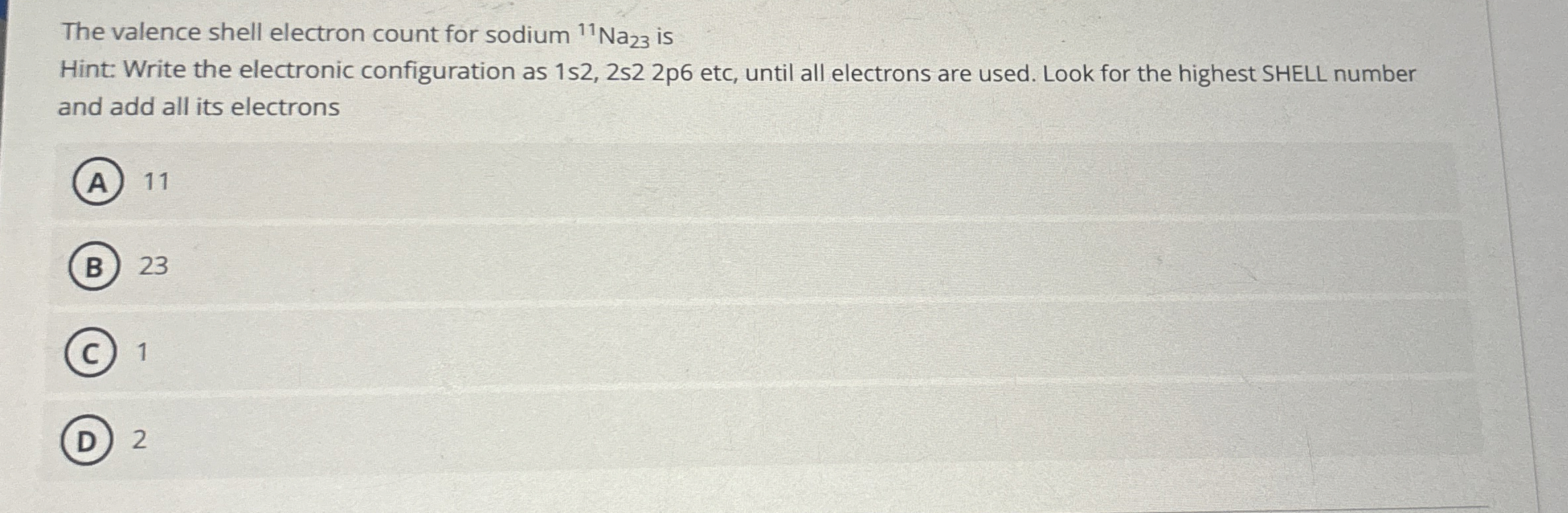 Solved The valence shell electron count for sodium ?11Na23 | Chegg.com