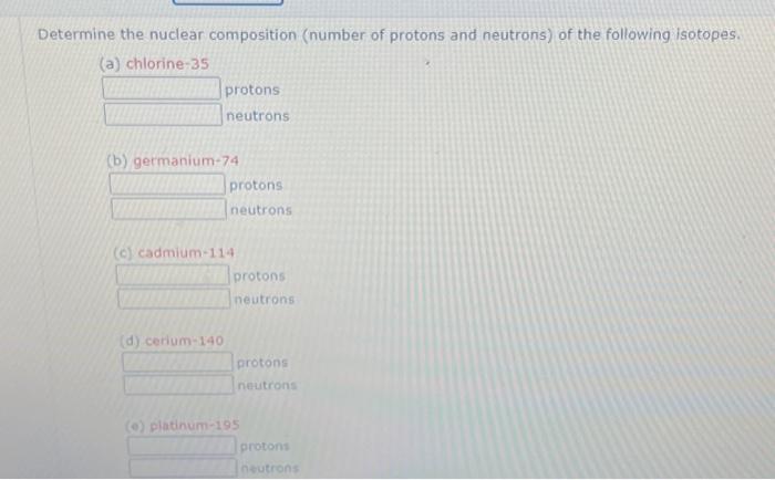 Solved Determine the nuclear composition (number of protons | Chegg.com