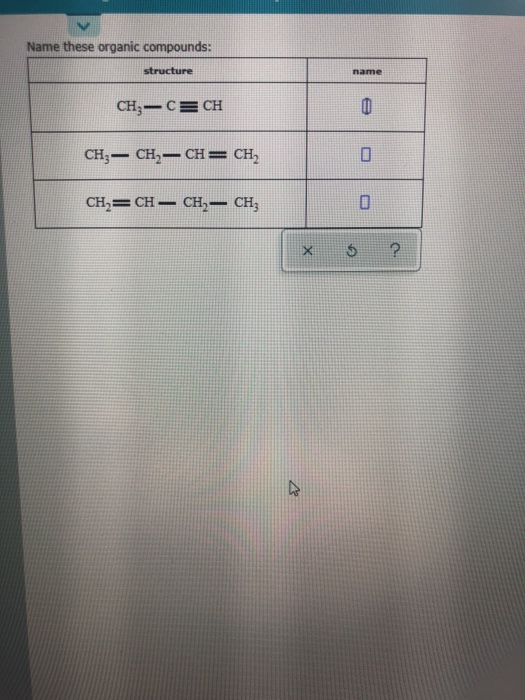 Solved Name these organic compounds: structure CH, -- CECH | Chegg.com