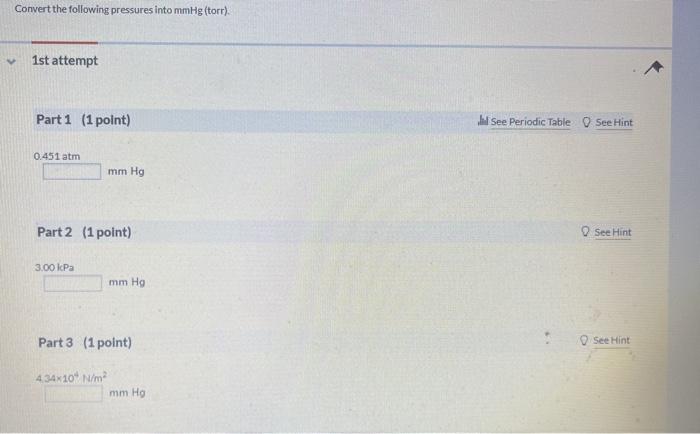 Solved Convert the following pressures into mmHg (torr). V | Chegg.com