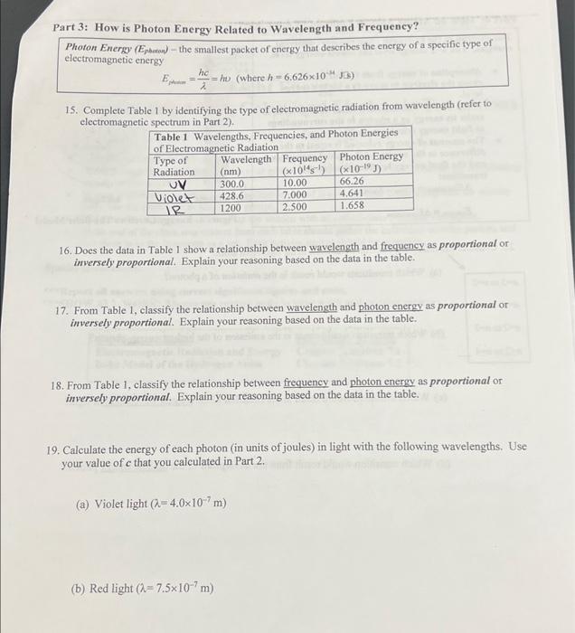 Solved Photon Energy (Epheren) - the smallest packet of | Chegg.com