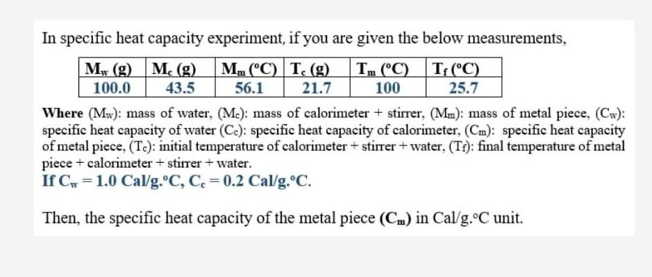 Solved In specific heat capacity experiment, if you are | Chegg.com