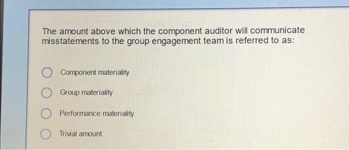 Solved The amount above which the component auditor will | Chegg.com