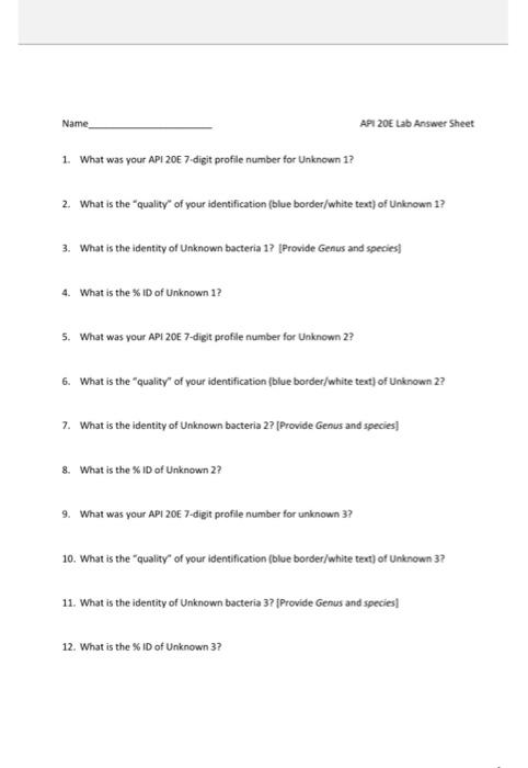 Name API 20E Lab Answer Sheet 1. What was your API | Chegg.com