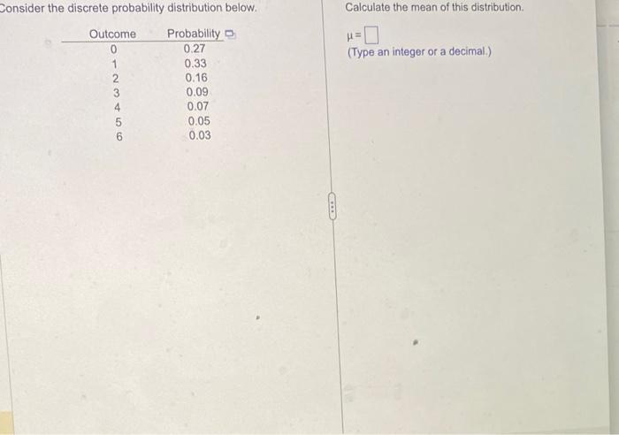 Solved Consider the discrete probability distribution below. | Chegg.com