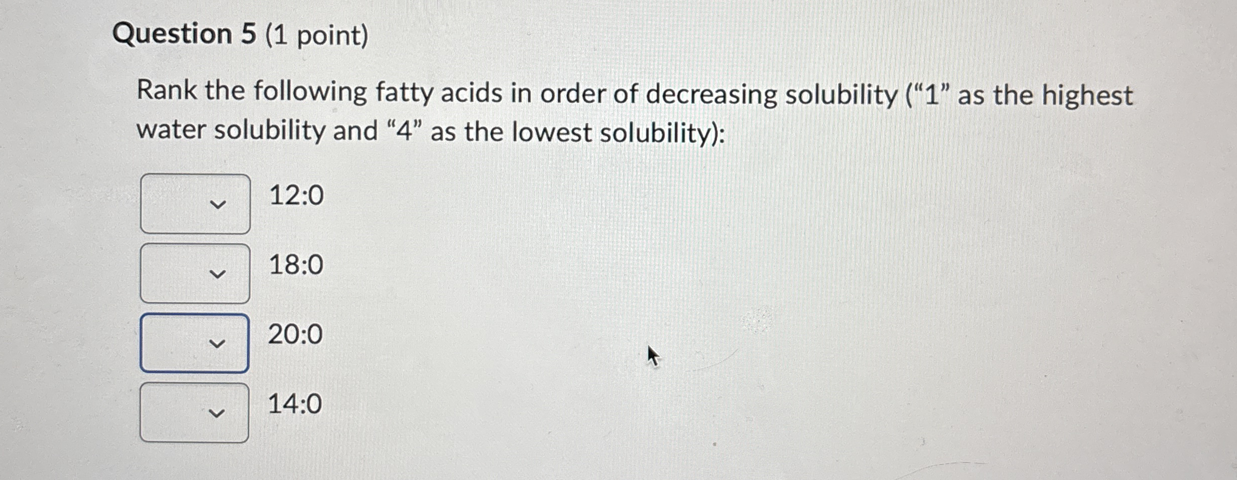 Solved Question 5 (1 ﻿point)Rank the following fatty acids | Chegg.com