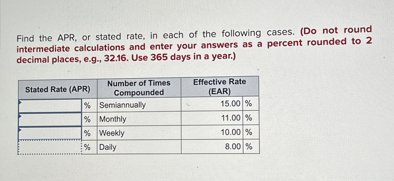 Solved Find the APR, or stated rate, in each of the | Chegg.com
