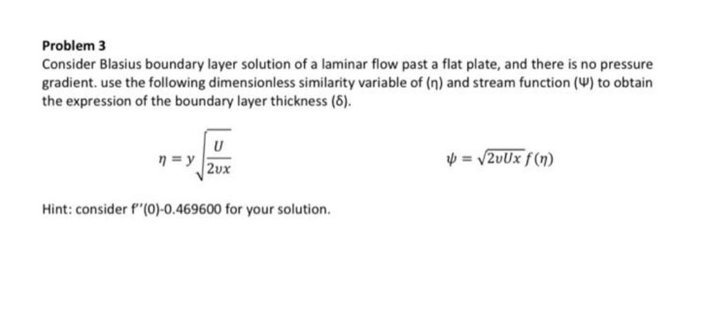 Solved Problem 3 Consider Blasius boundary layer solution of | Chegg.com