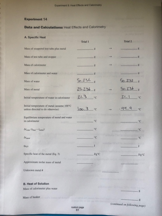 Experiment 8: Heat Effects and Calorimetry Experiment | Chegg.com