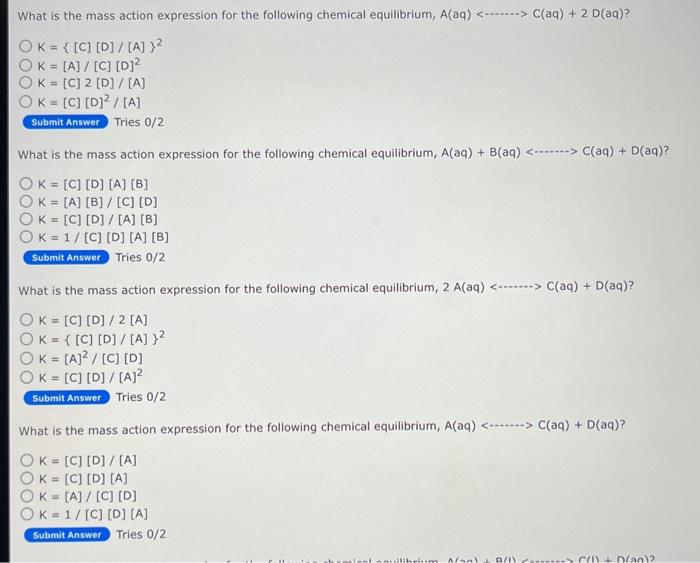 Solved What is the mass action expression for the following | Chegg.com
